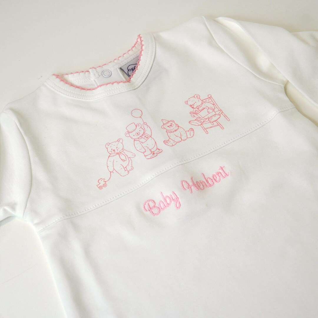 Pink Teddy Bear Pima Cotton Baby Gown | White Newborn Layette Gown With ...