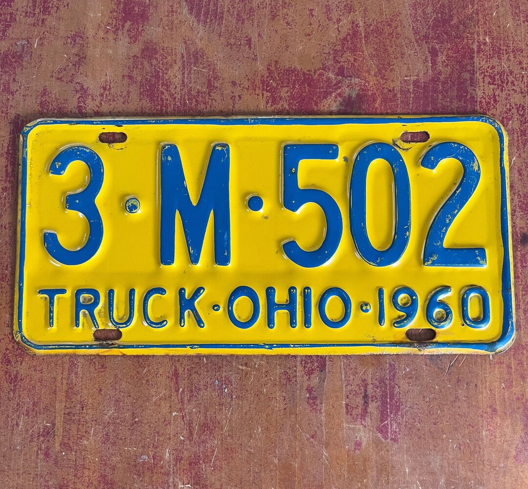 Vintage 1960 Ohio Truck License Plate Yellow & Blue Quality Embossed 3 ...