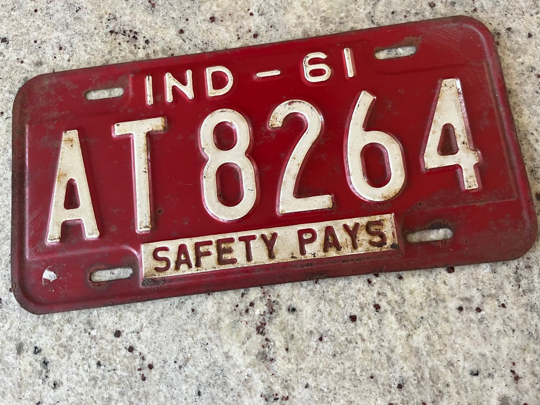 Vintage 1961 Indiana License Plate Dark Red & White AT 8264 - Etsy