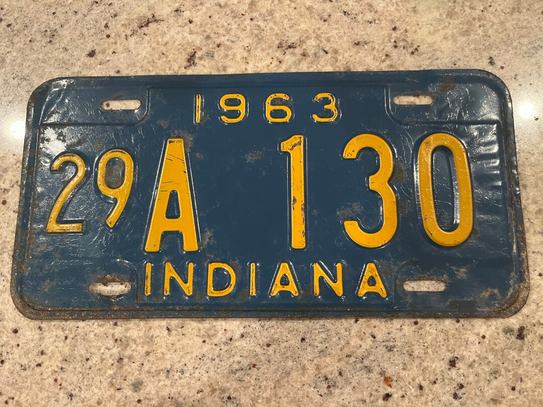Vintage Indiana State 1963 License Plate Yellow or Gold on Blue Rusty ...