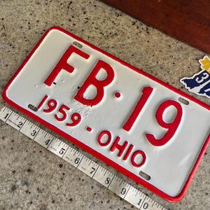 Vintage 1959 Ohio License Plate FB 19 Red & White Embossed Steel - Etsy