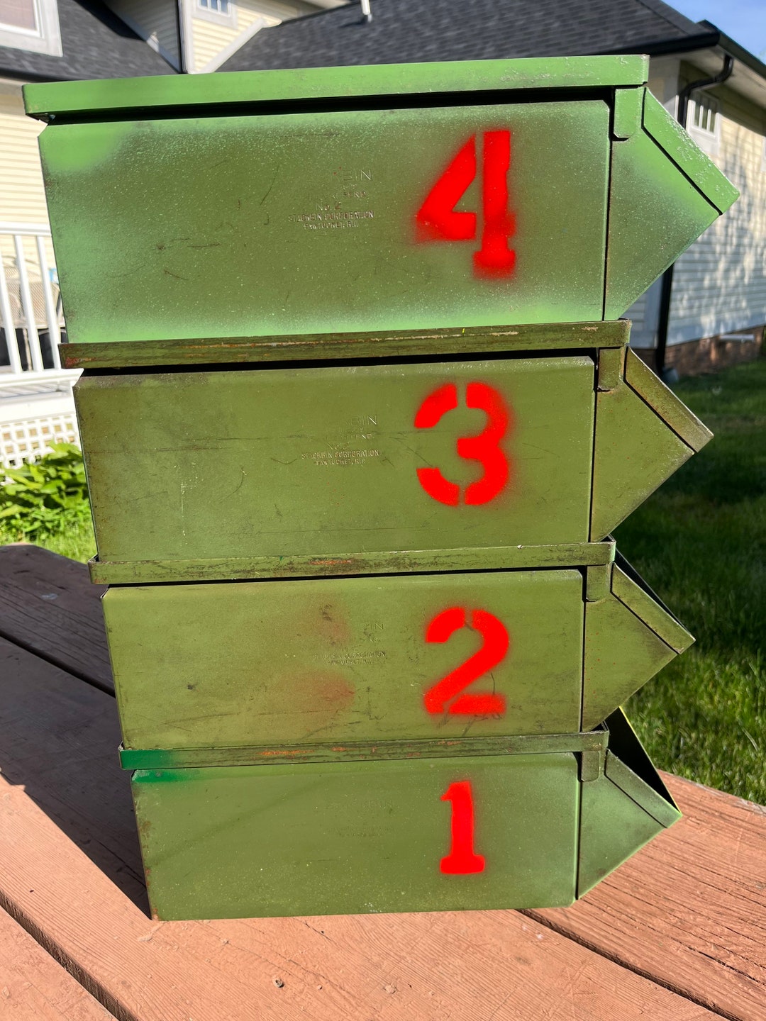 Lot of 4 Vintage Industrial Metal Storage Bins Stackbin Stackbins #1 2 ...