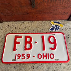 Vintage 1959 Ohio License Plate FB 19 Red & White Embossed Steel - Etsy