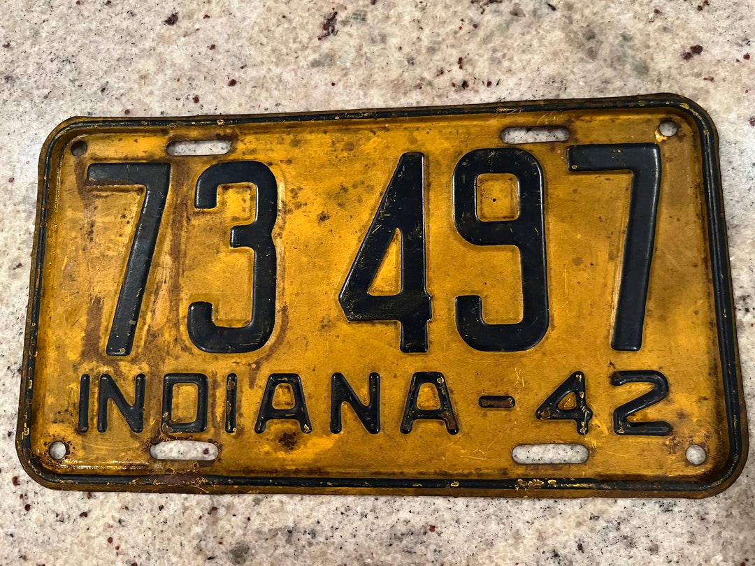 Vintage Indiana State 1942 License Plate Black on Yellow 73 497 Rusty ...