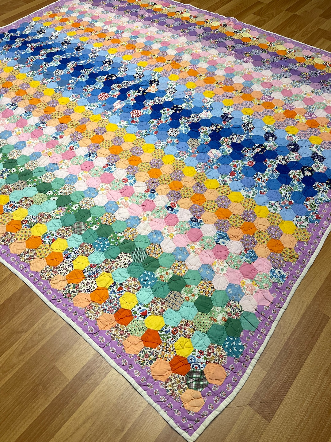 Vintage Hexi or Hexi Stripe Hand Made Quilt With Beautiful Multicolor ...
