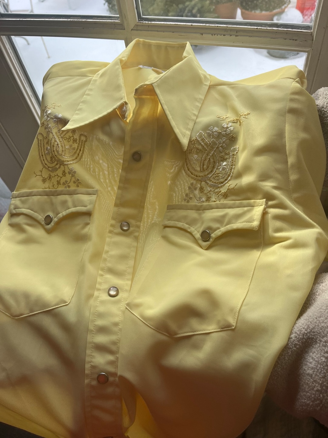 Vintage 70s Western Cowboy Yellow Snap Buttons Shirt Size Medium 15 1/2 ...
