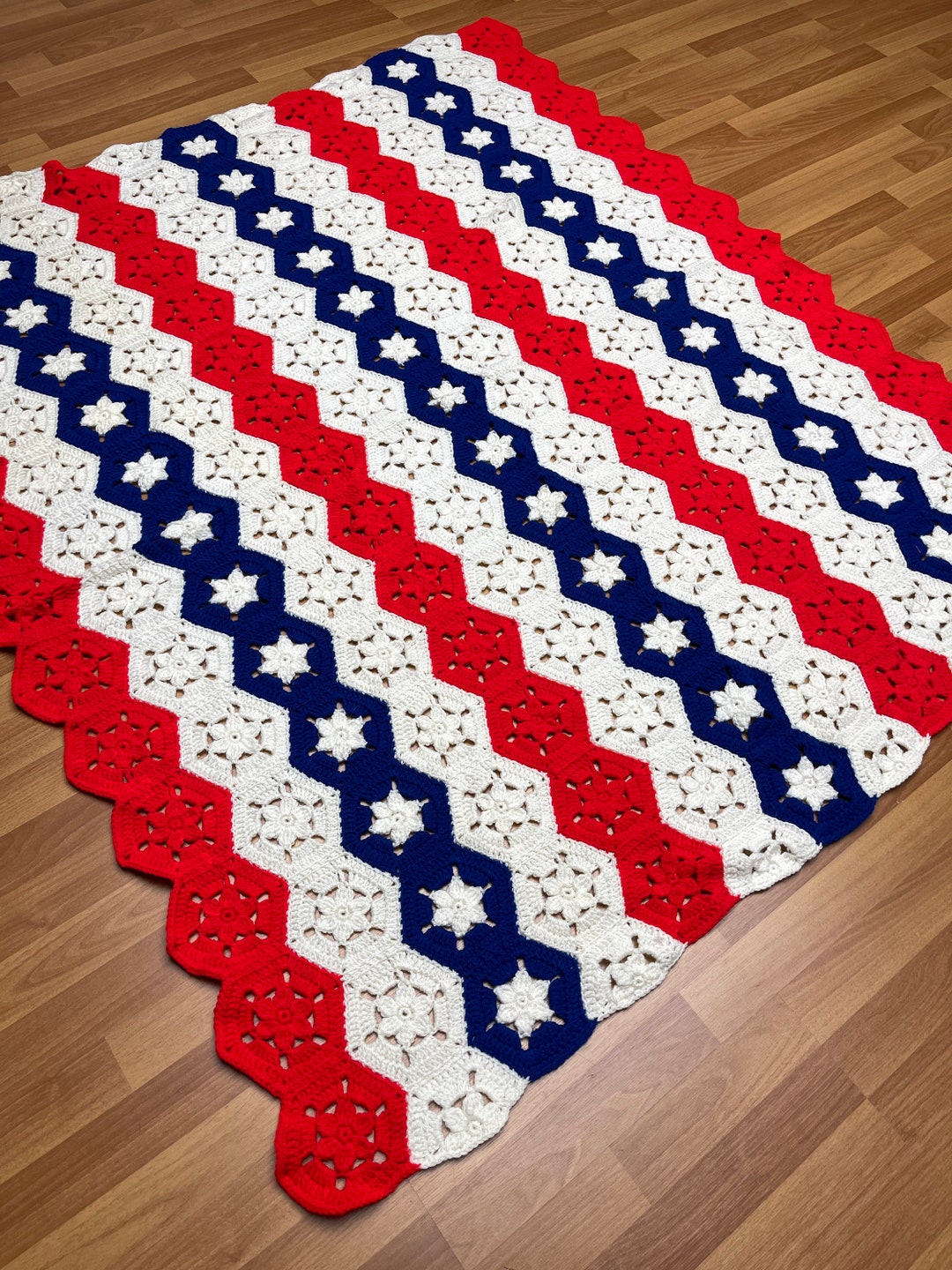 Vintage 1970s Red White & Blue Afghan Stars Stripes 64 X 58 Inches ...