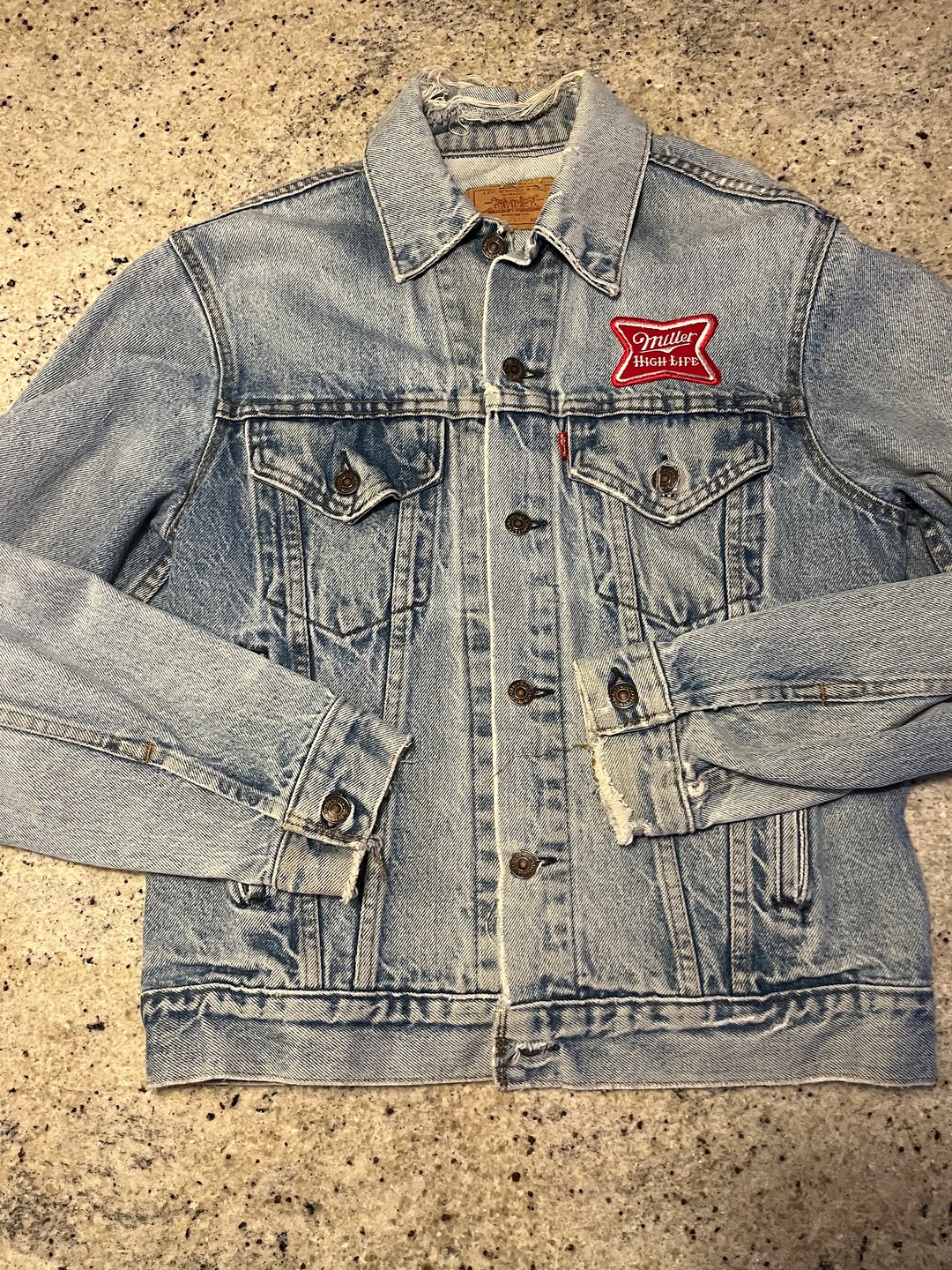 Vintage Miller Beer Denim Jacket Distressed Size Small Awesome Fade ...