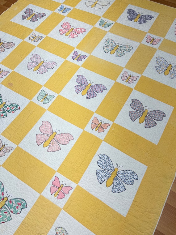 Antique Handmade Butterfly Quilt Yellow White multi color | Etsy