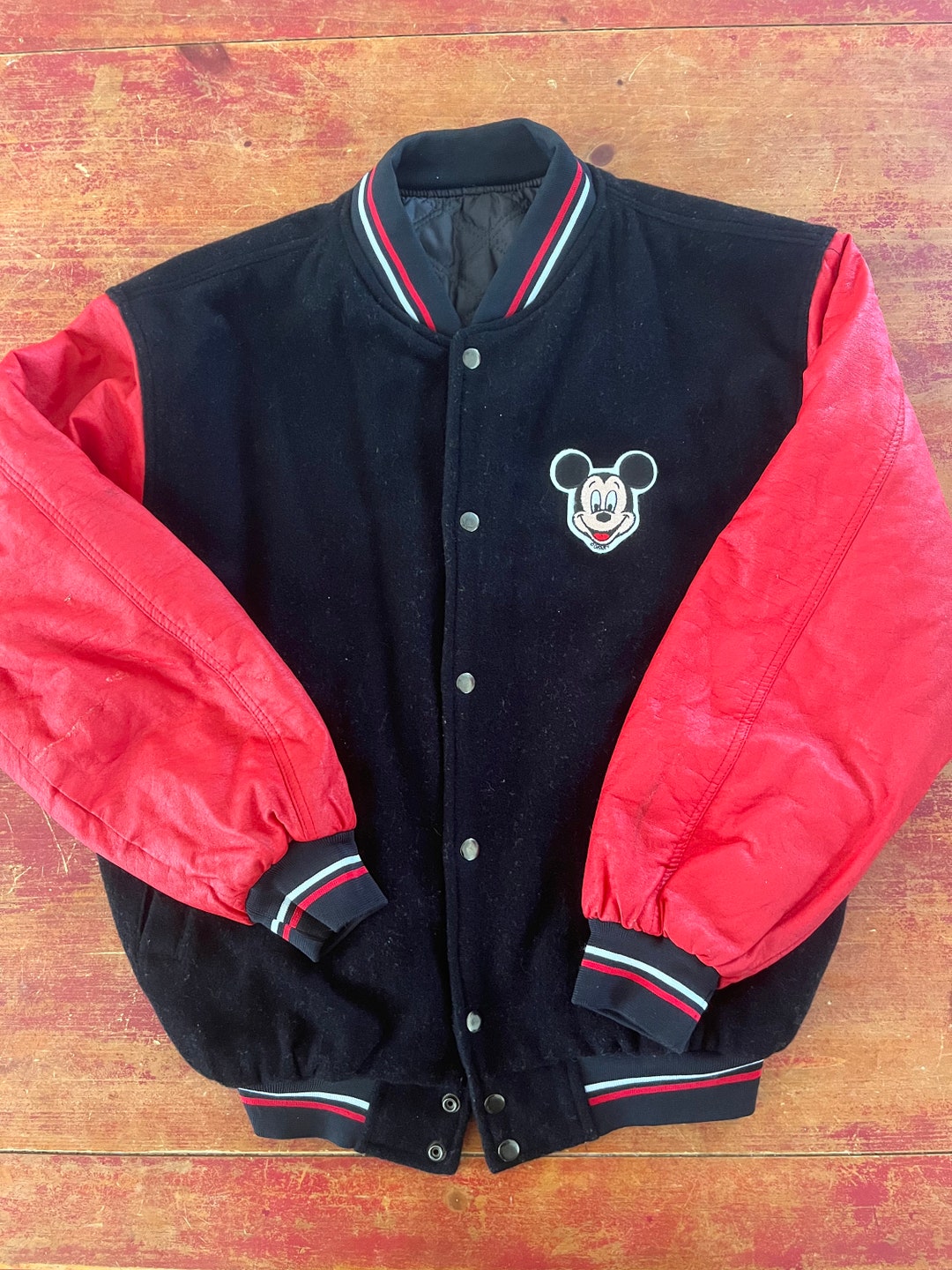 Vintage Mickey Mouse Wool & Leather Jacket Size Medium / Large Double ...