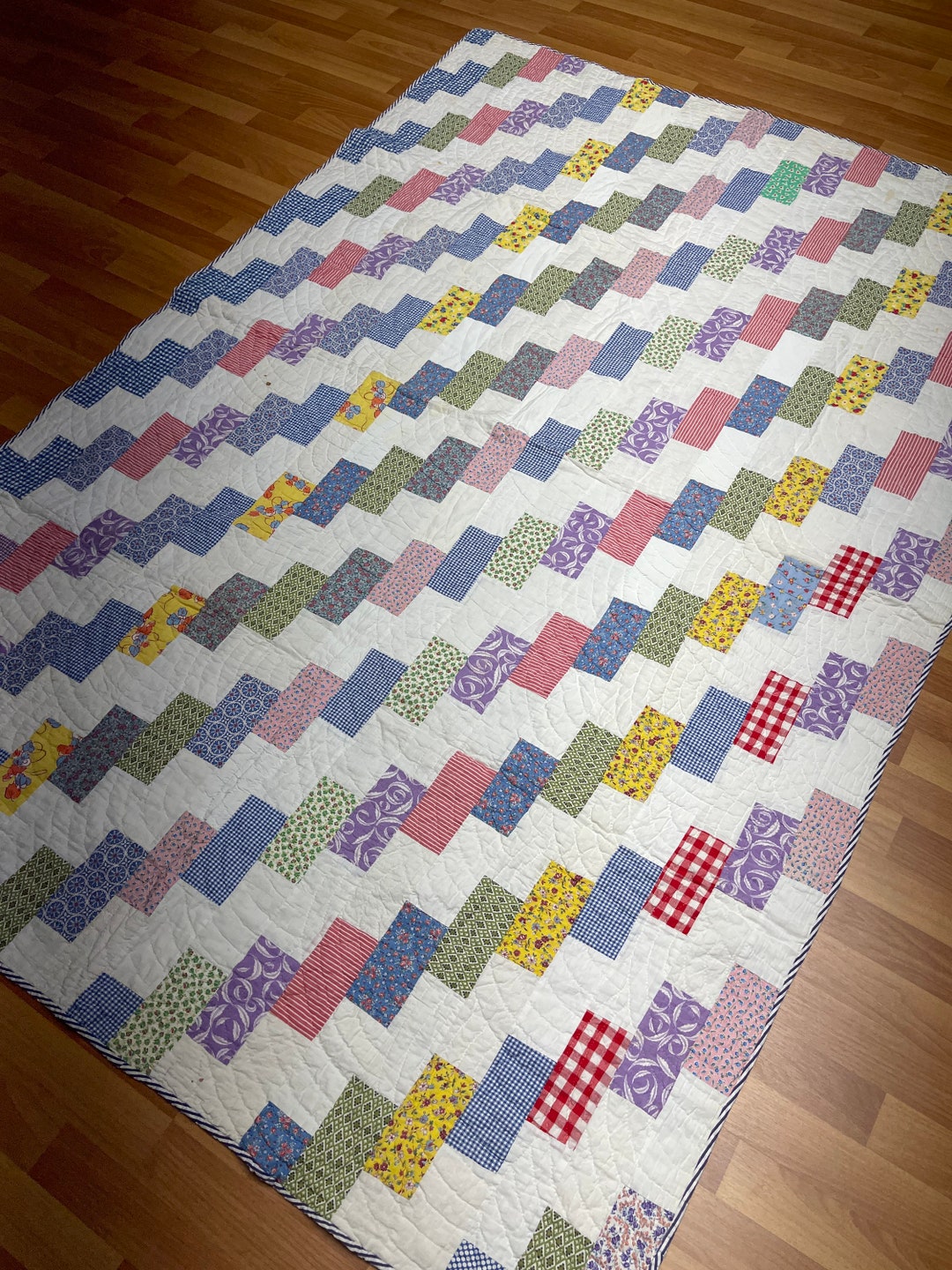 Vintage Stair Step Brick Pattern Handmade Quilt 84 X 57 Beautiful ...