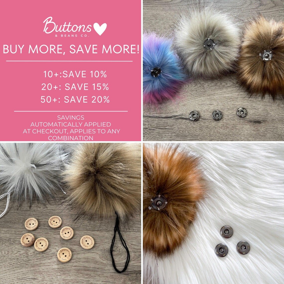 Grey Wolf Luxury Faux Fur Pompom | Pom Pom With Ties, Buttons or Snaps ...