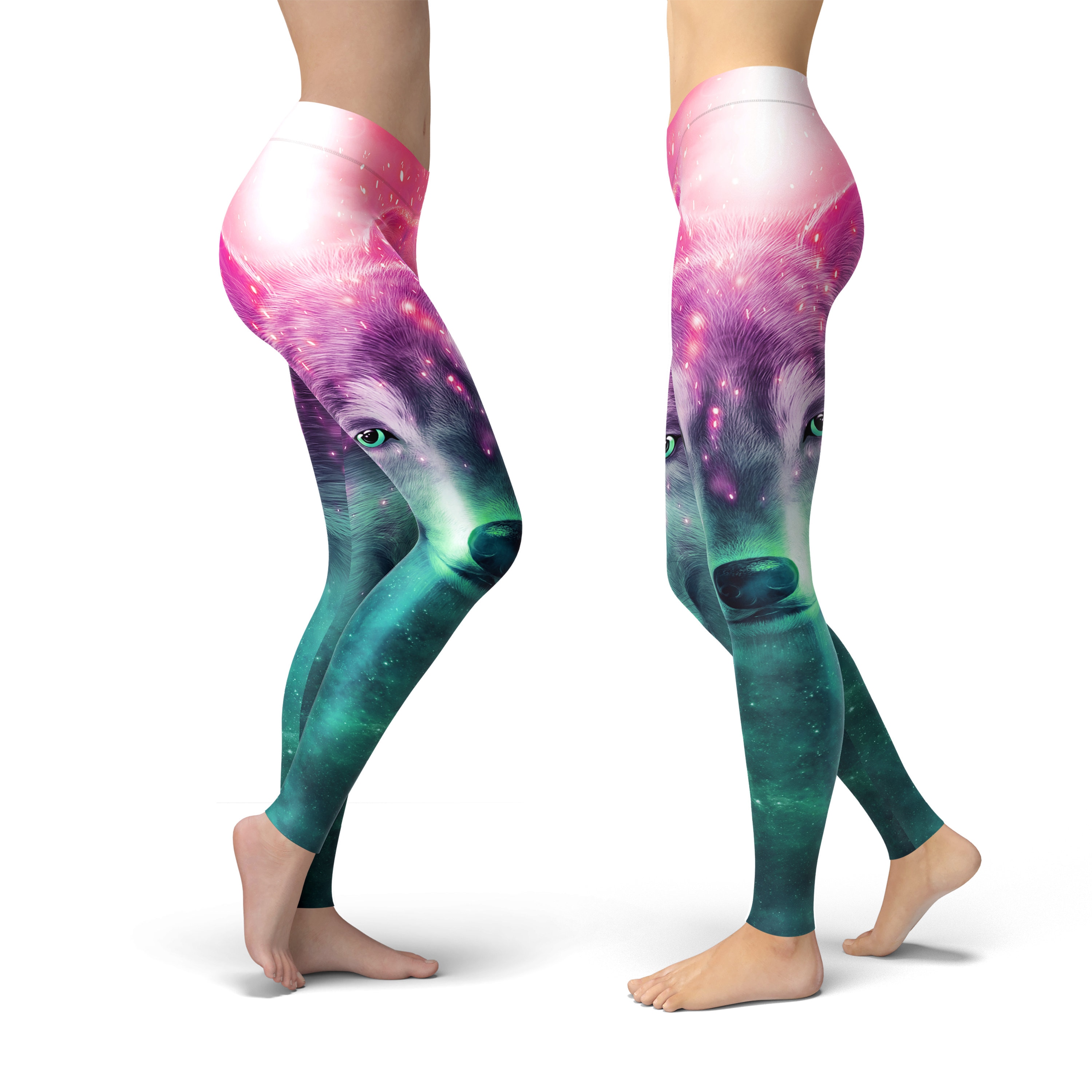 Galaxy Wolf Leggings – High Waisted Cosmic Pink Teal Animal Print - Etsy
