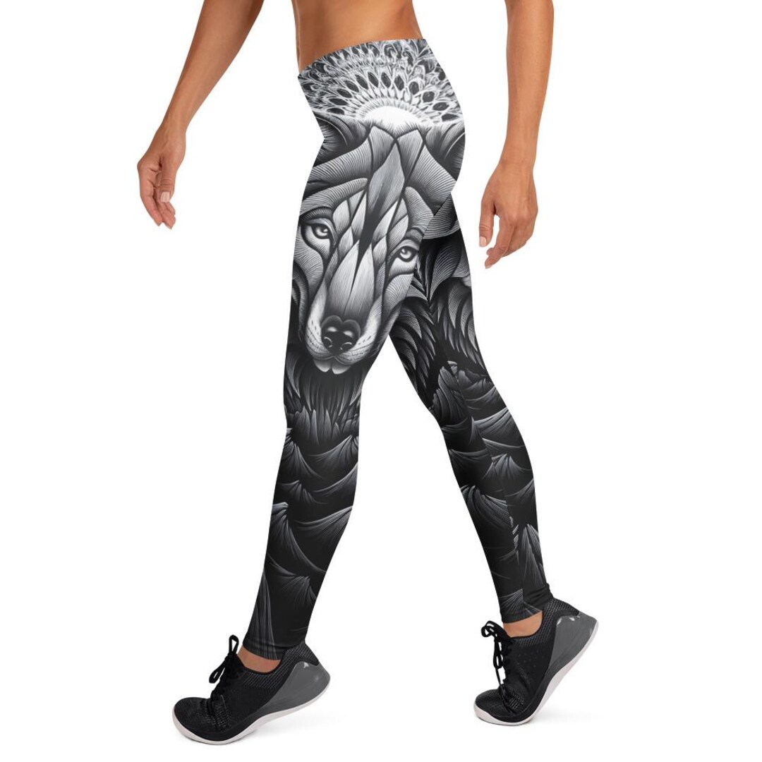 Mystic Wolf Leggings, Black and White Mandala Spirit Animal Yoga Pants ...