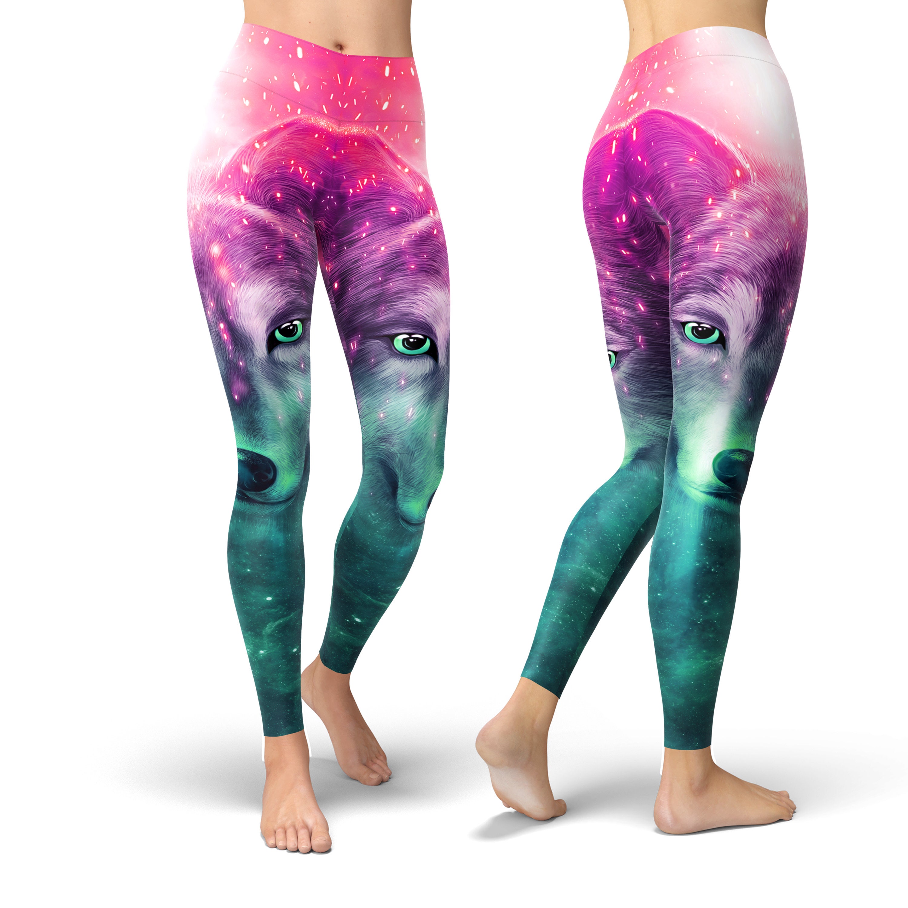Galaxy Wolf Leggings – High Waisted Cosmic Pink Teal Animal Print - Etsy