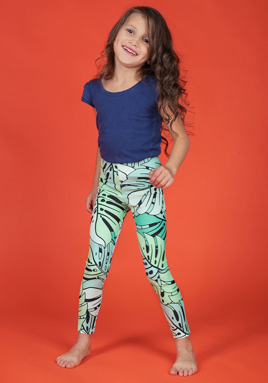 Monstera Leaf Kids Leggings – Green Tropical Botanical Print – Girls ...