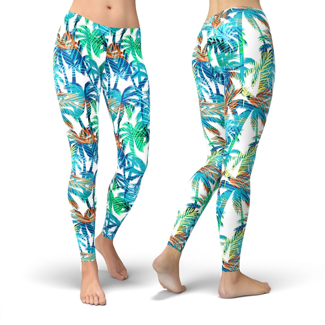 Palm Tree Leggings – Blue Green Tropical Print – High Waisted Yoga ...