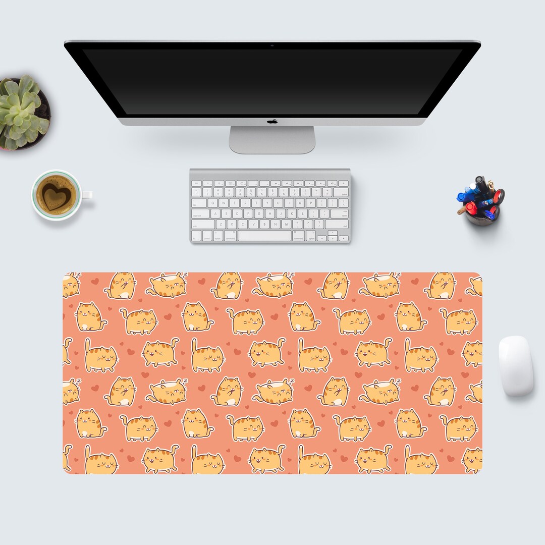 Chubby Orange Tabby Cat Desk Mat – Kawaii Hearts XXL Print for Gamers ...