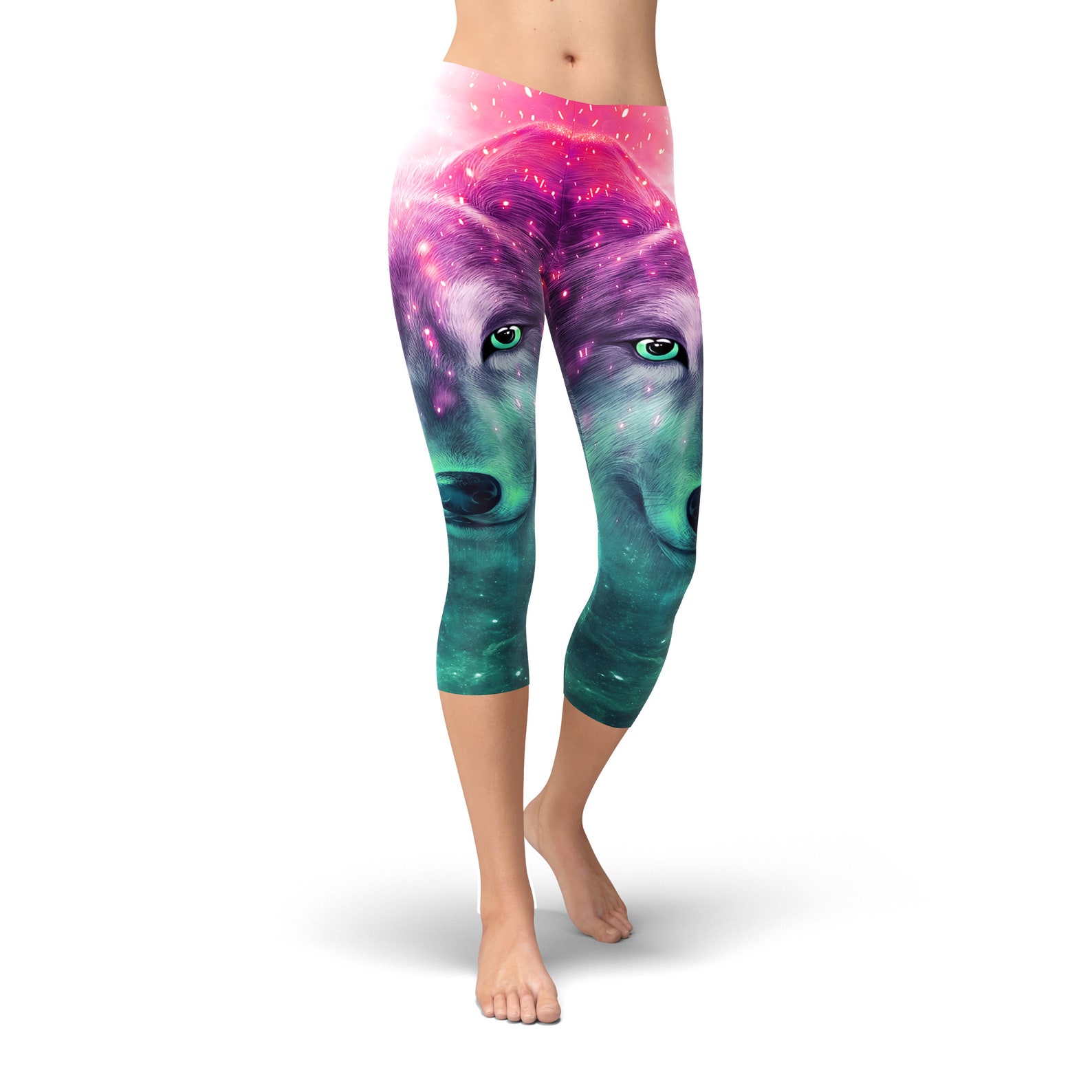 Galaxy Wolf Leggings – High Waisted Cosmic Pink Teal Animal Print - Etsy