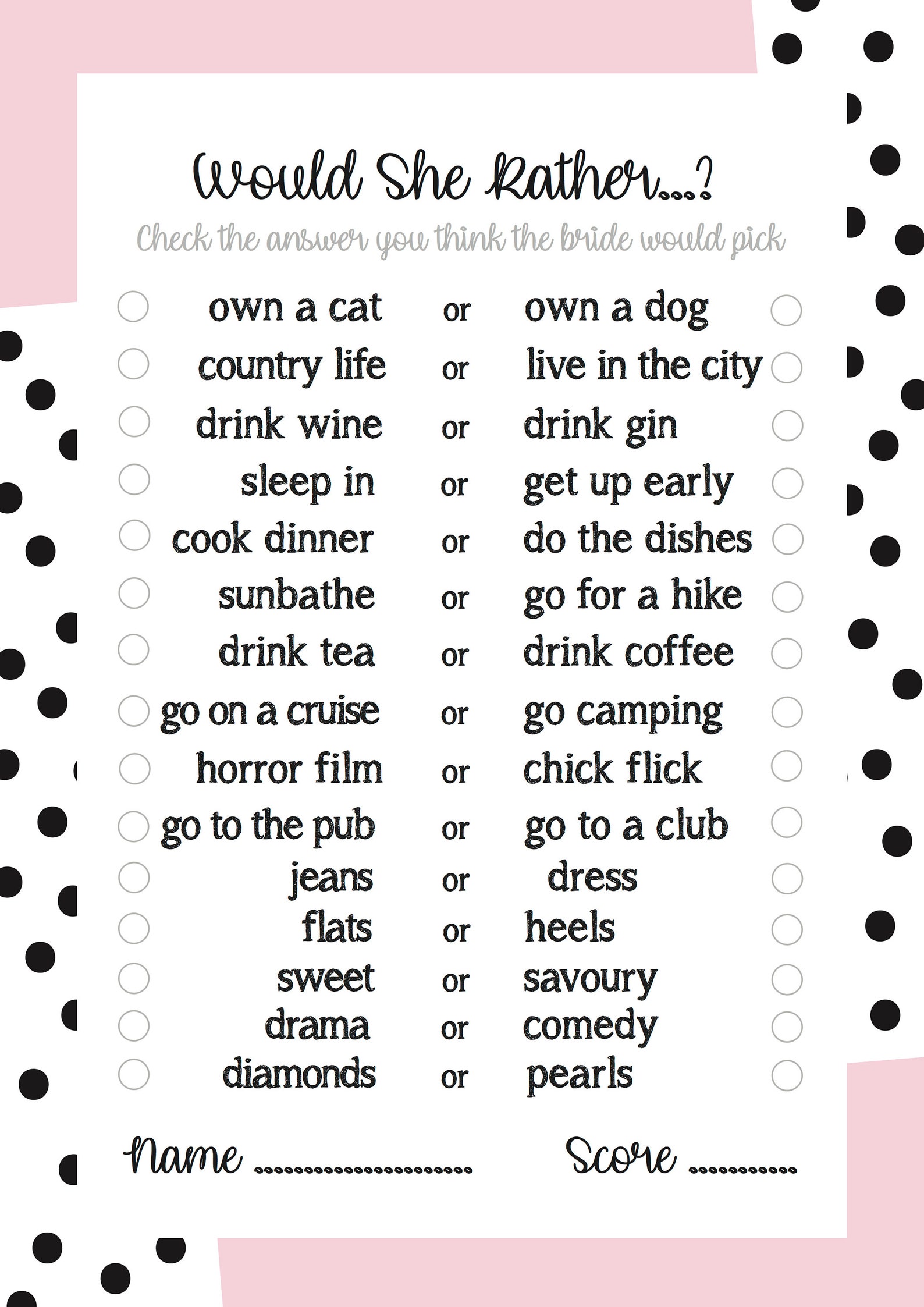 Would She Rather Bridal Shower Printable Game, Hen Do, Bride to Be Game ...