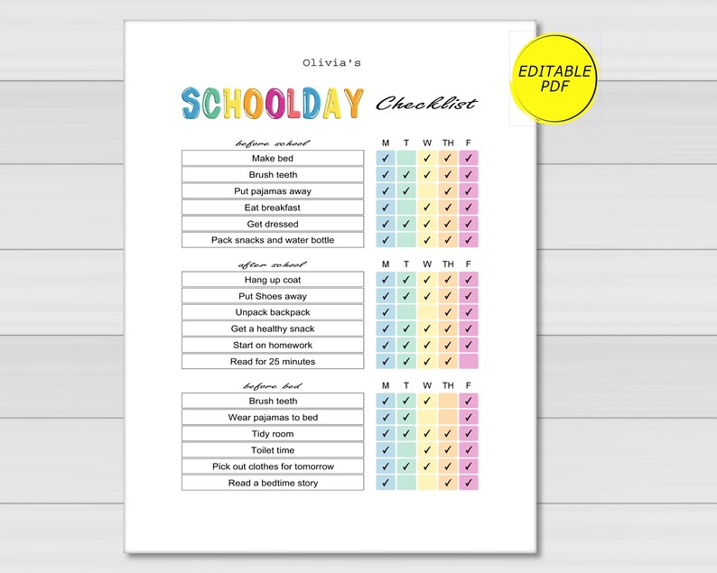 Editable Schoolday Checklist for Kids , Stay on Top of Homework ...