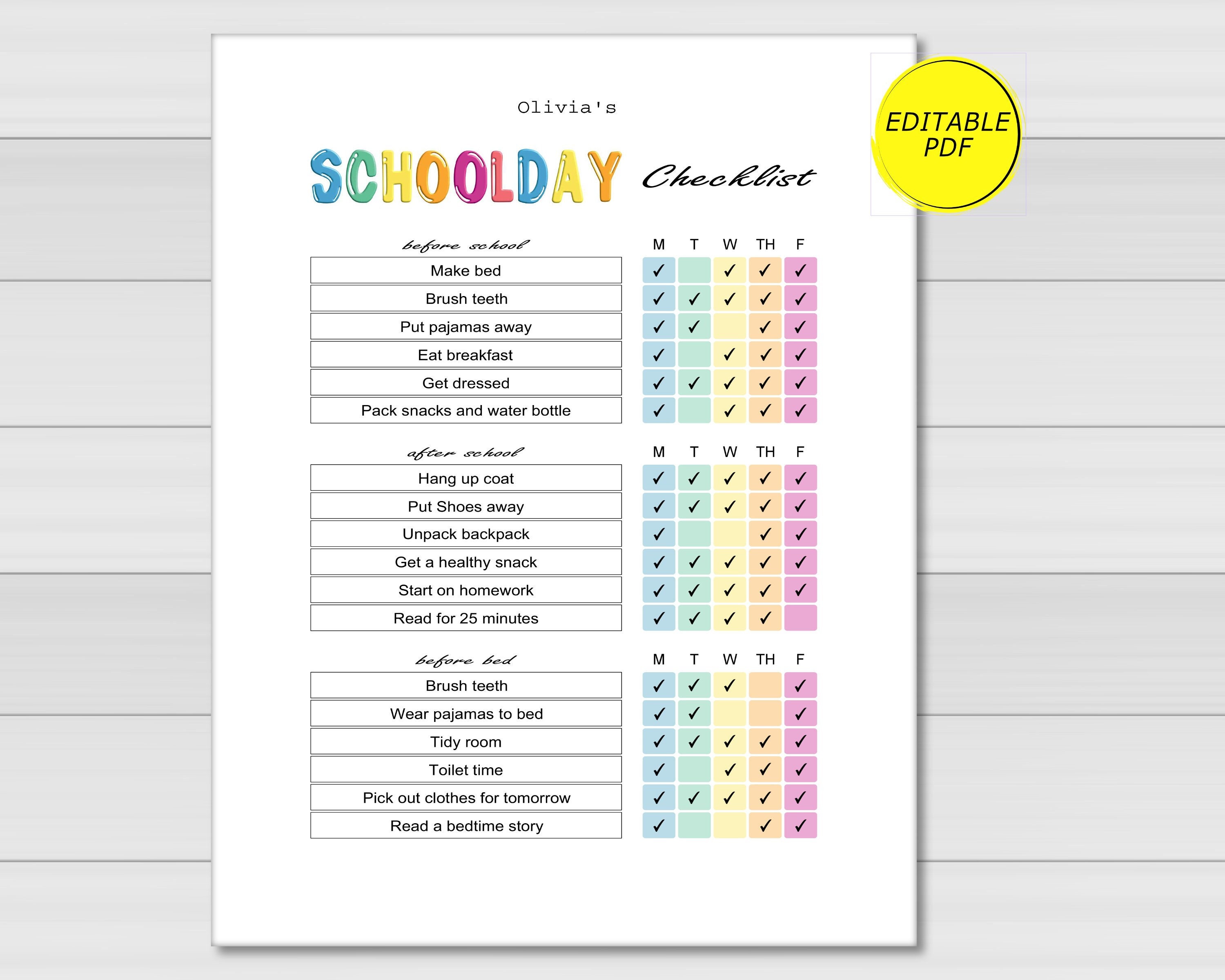 Editable Schoolday Checklist for Kids , Stay on Top of Homework ...