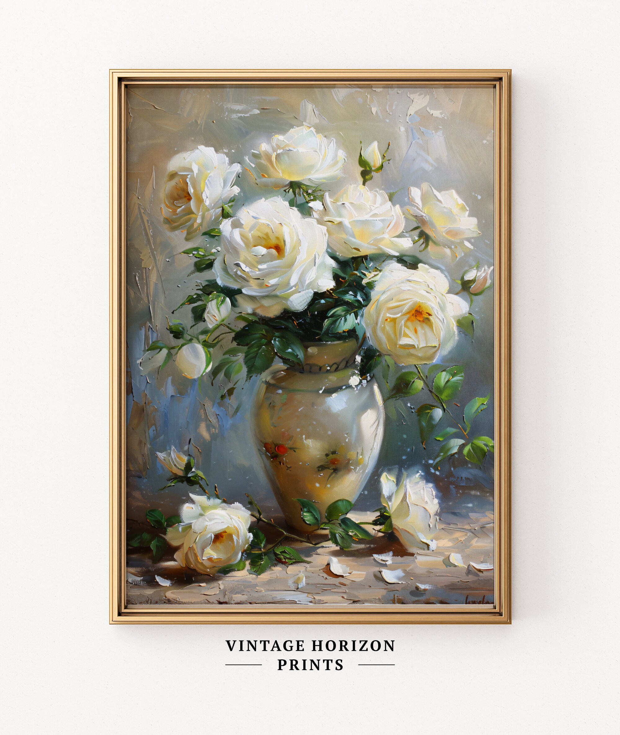 White Roses in Vase Oil Painting Naturalistic Floral Composition ...