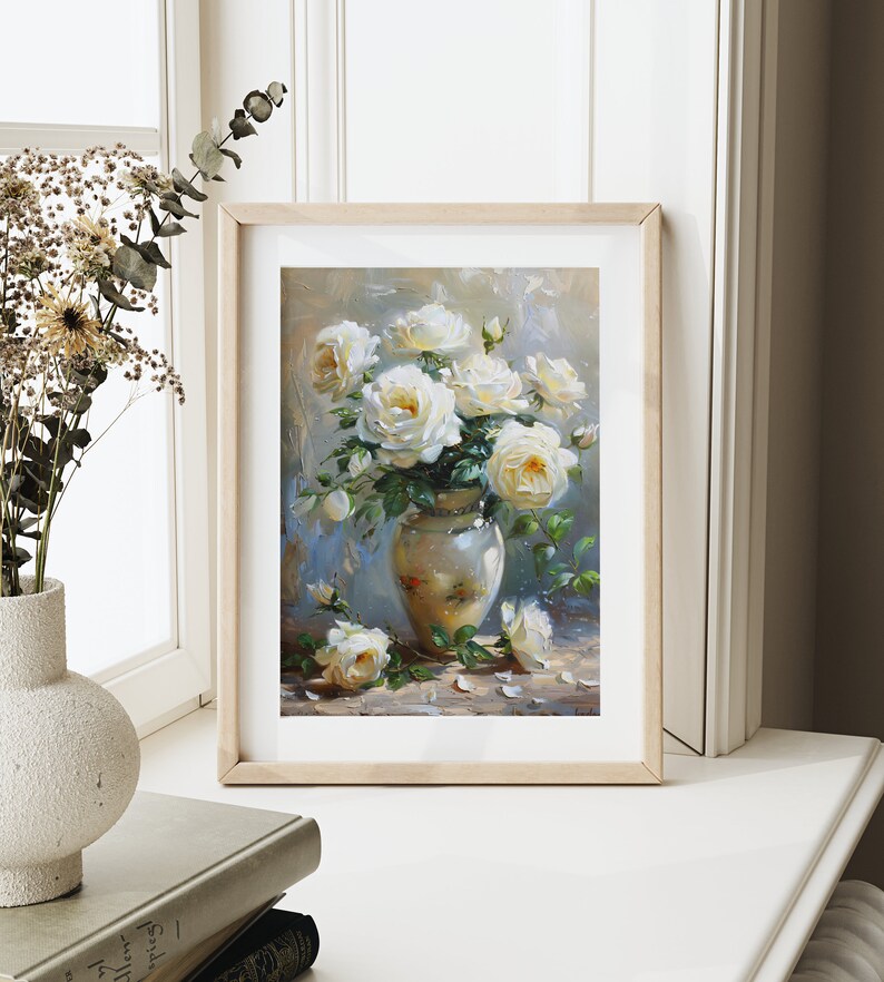 White Roses in Vase Oil Painting Naturalistic Floral Composition ...