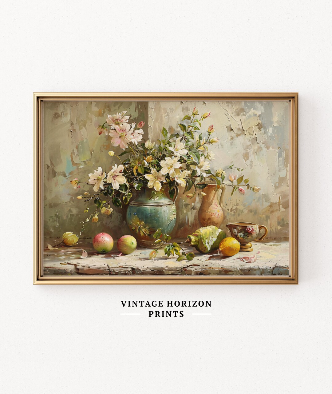 Vintage Still Life Oil Painting Flowers in Vase & Fruits on Table Muted ...