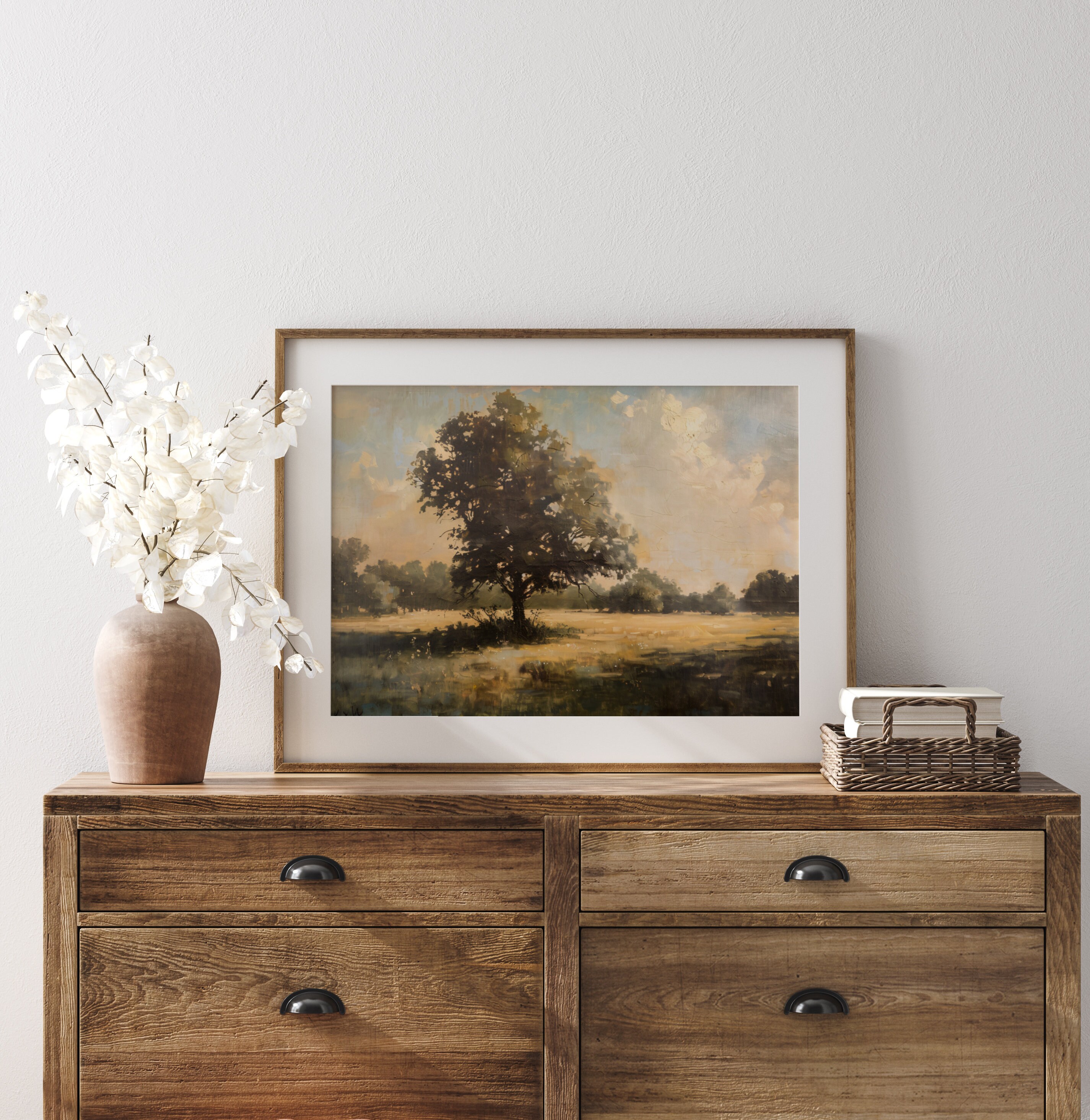 Solitary Trees in Sunlit Meadows Antique Artwork in Neutral Palette ...