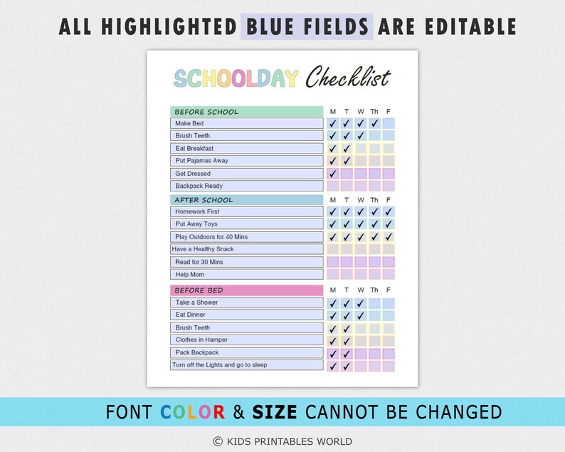 Editable Schoolday Checklist for Kids , Stay on Top of Homework ...