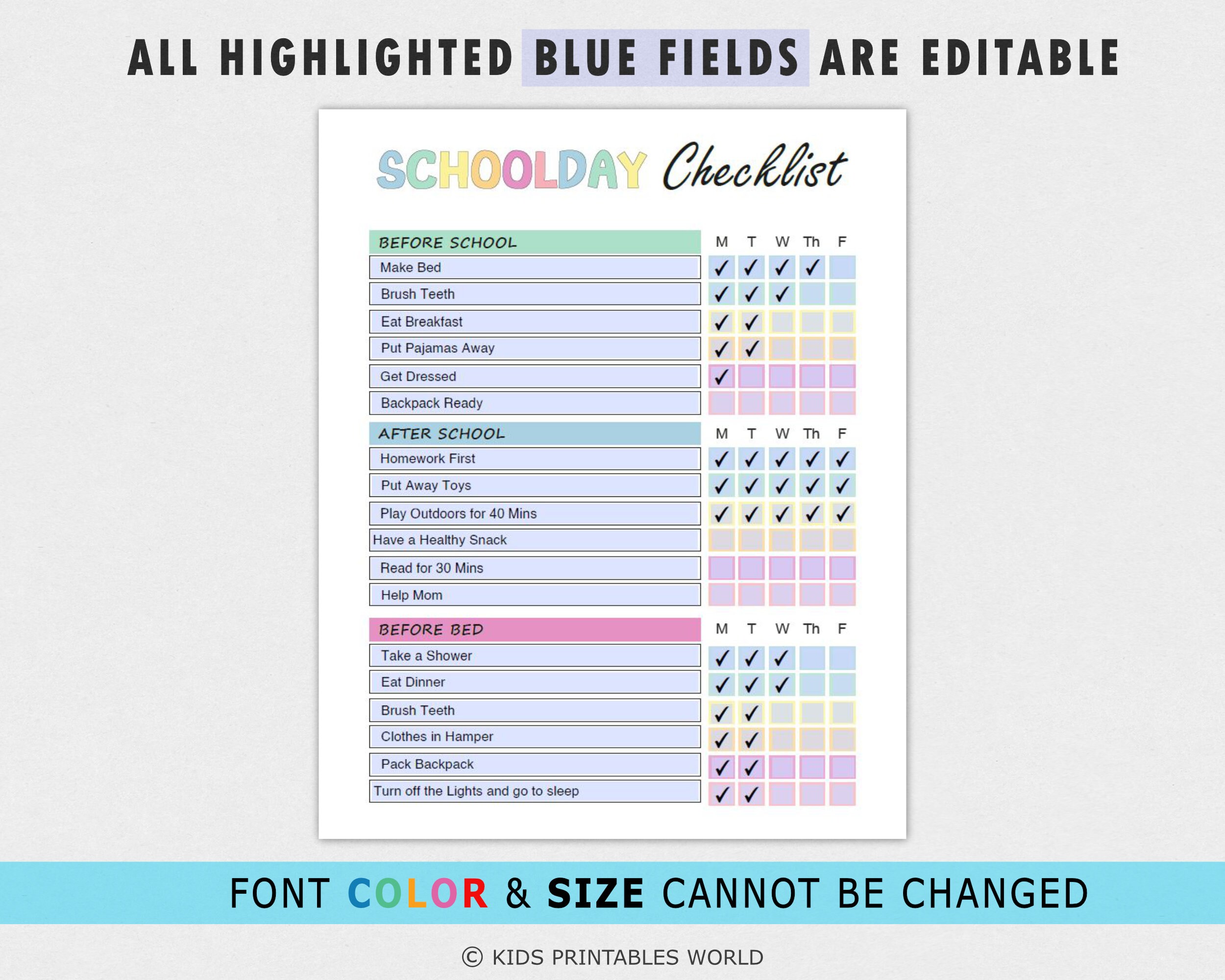 Editable Schoolday Checklist for Kids , Stay on Top of Homework ...