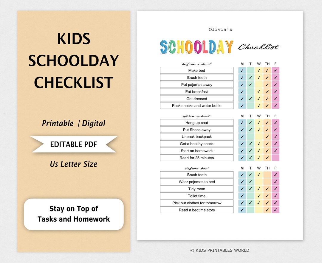 Editable Schoolday Checklist for Kids, Stay on Top of Tasks and ...
