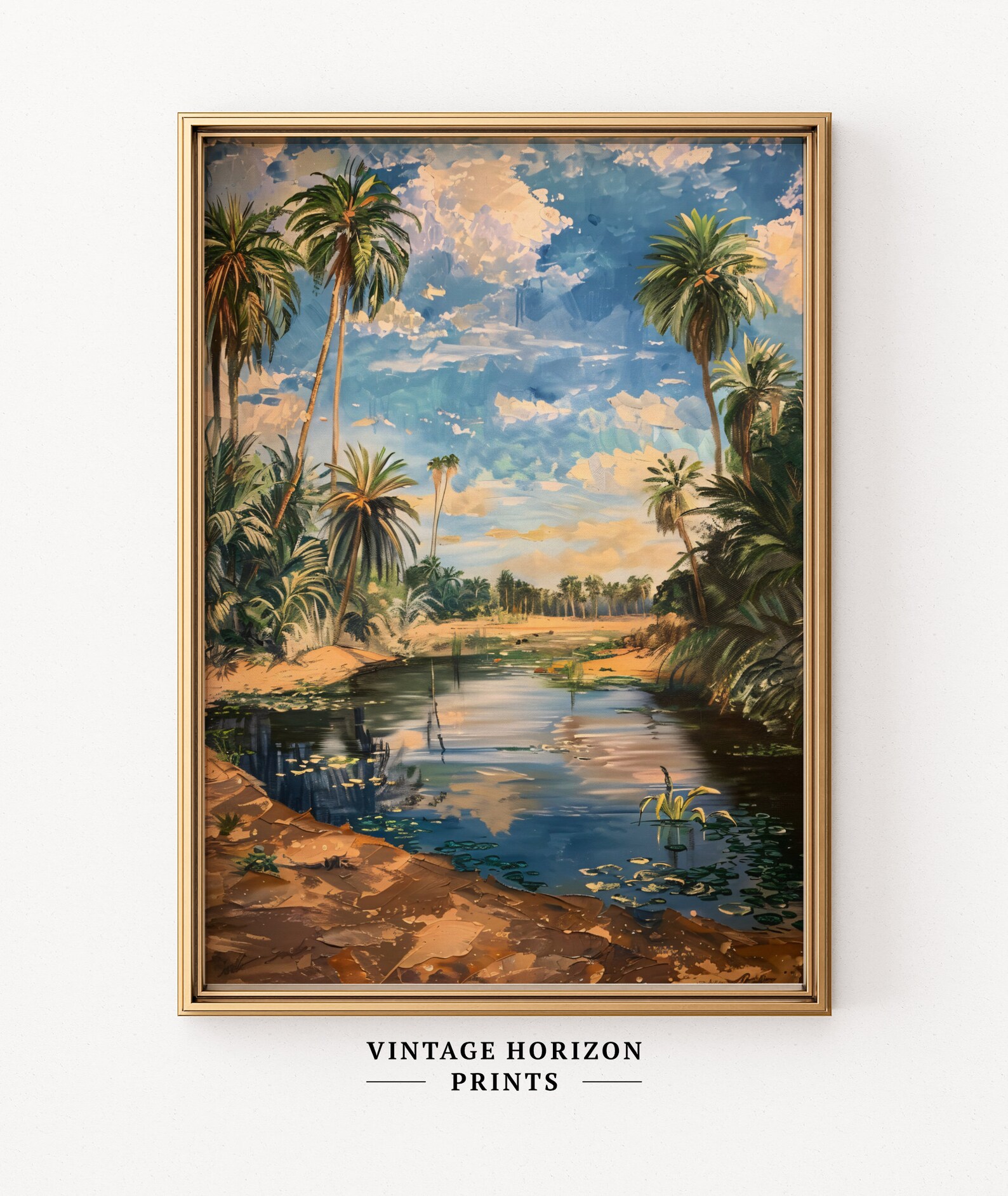 Vintage Oasis Oil Painting Classic Landscape Art Palm Trees and Water ...