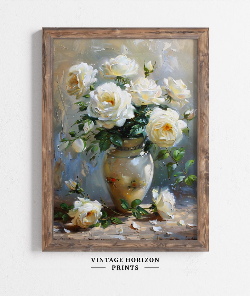White Roses in Vase Oil Painting Naturalistic Floral Composition ...