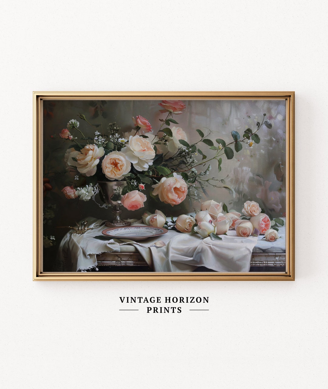 Romantic Floral Still Life Painting Porcelain Plates & Silverware Oil ...