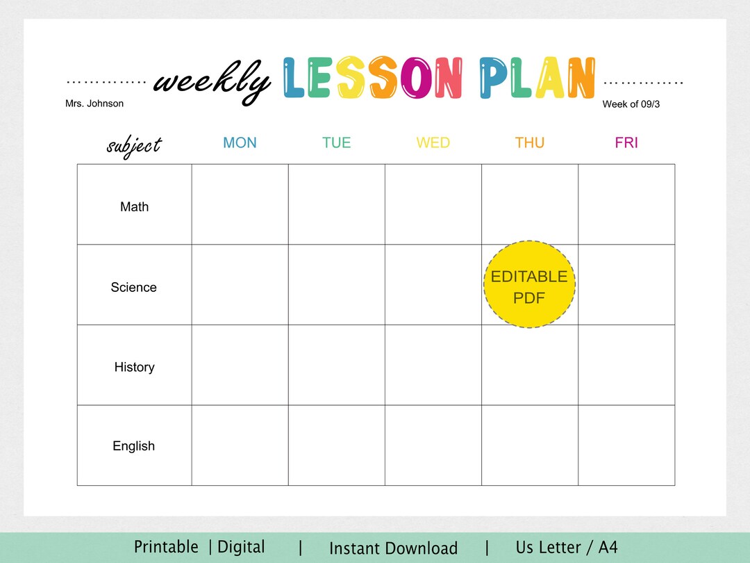 Printable Editable Weekly Lesson Plan | Organize Your Week and Stay ...