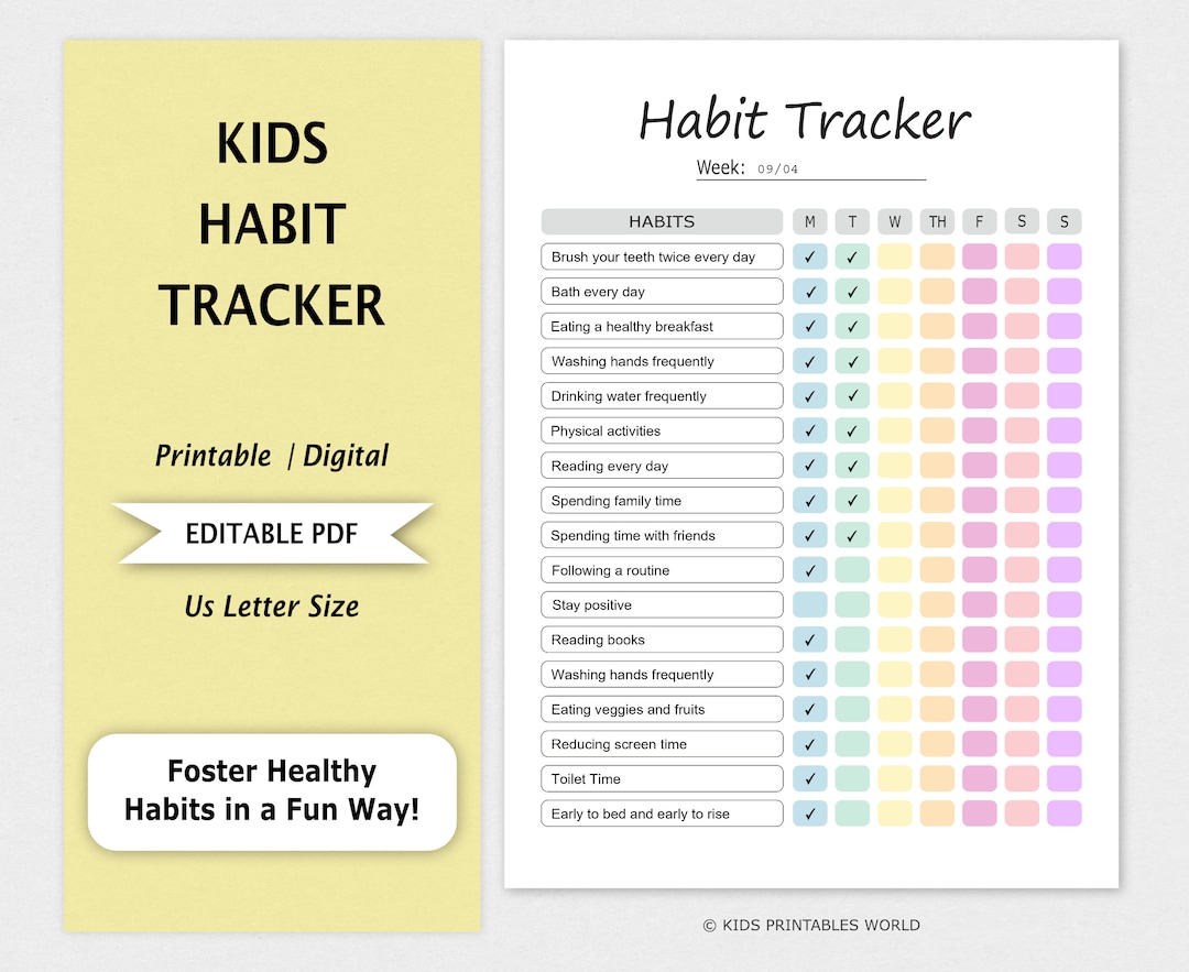 Editable Habit Tracker for Kids, Foster Healthy Habits in a Fun Way ...