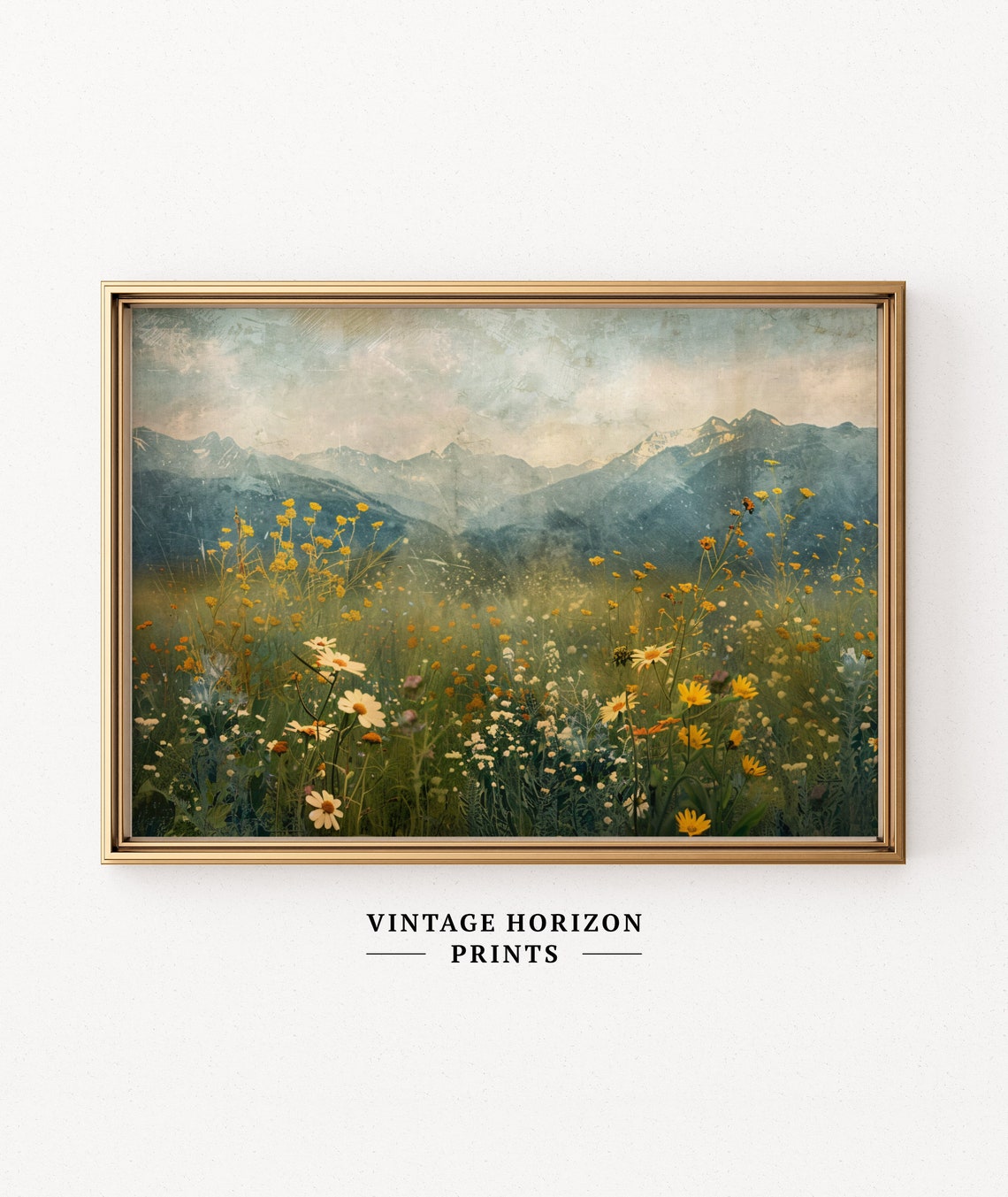 Vintage Wildflowers Landscape Painting With Mountain View Moody and ...