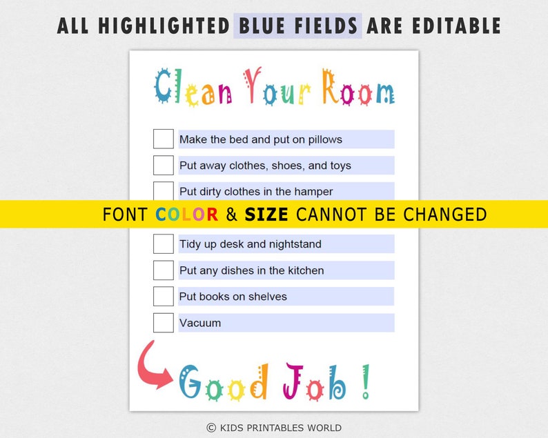 Editable Clean Your Room Chore Chart for Kids | Get Organized and Stay ...