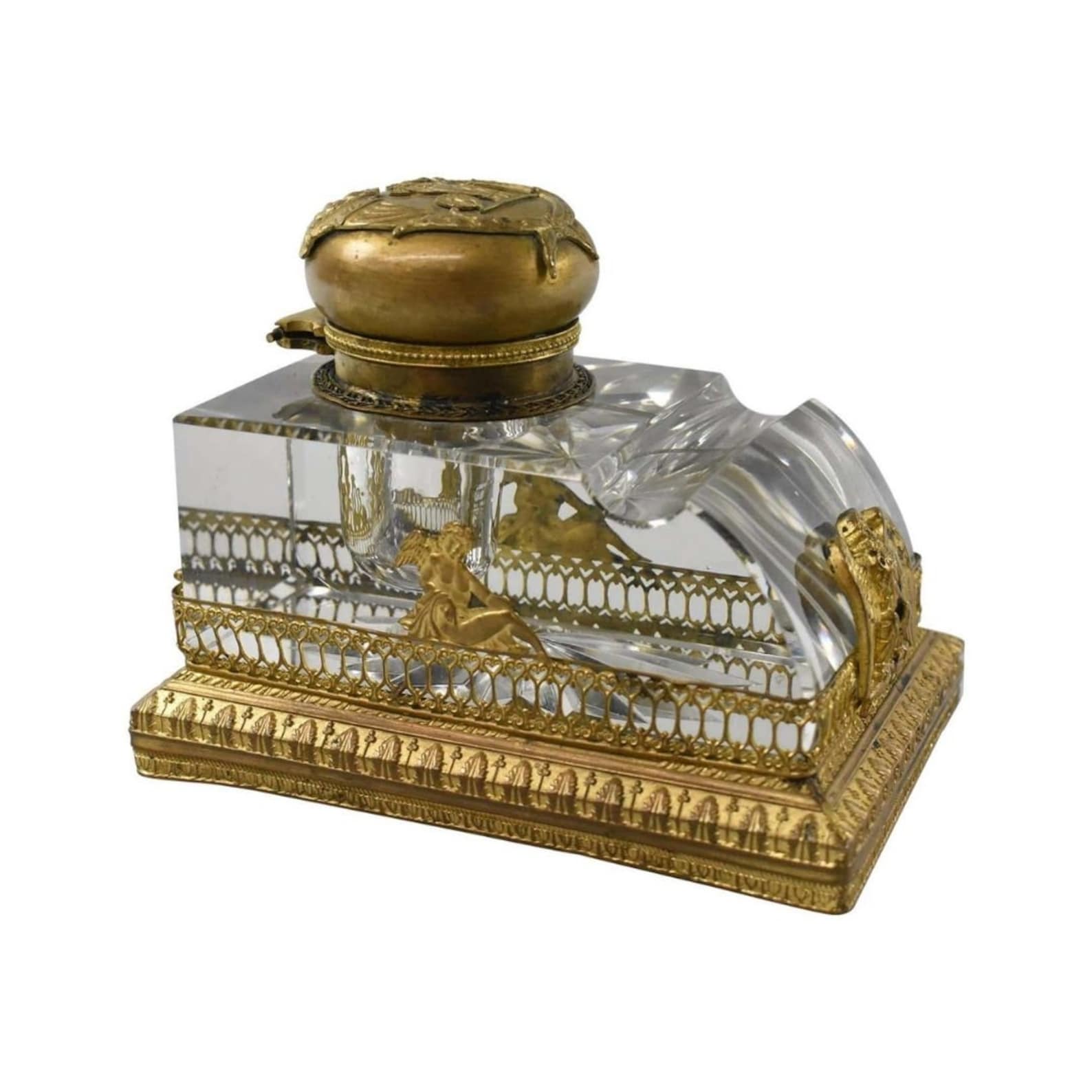 Antique Inkwell Gold Gilded French Cut Glass Inkwell Hera With Peacock ...