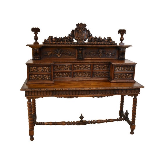 Antique French Oak Writing Desk Late 19th Century Hand Carved - Etsy
