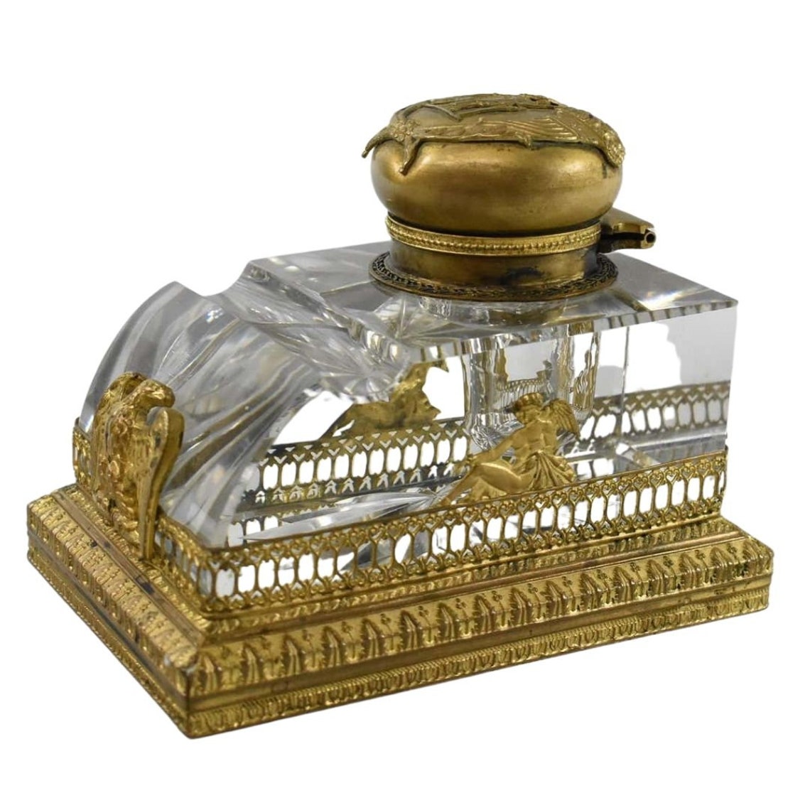 Antique Inkwell Gold Gilded French Cut Glass Inkwell Hera With Peacock ...
