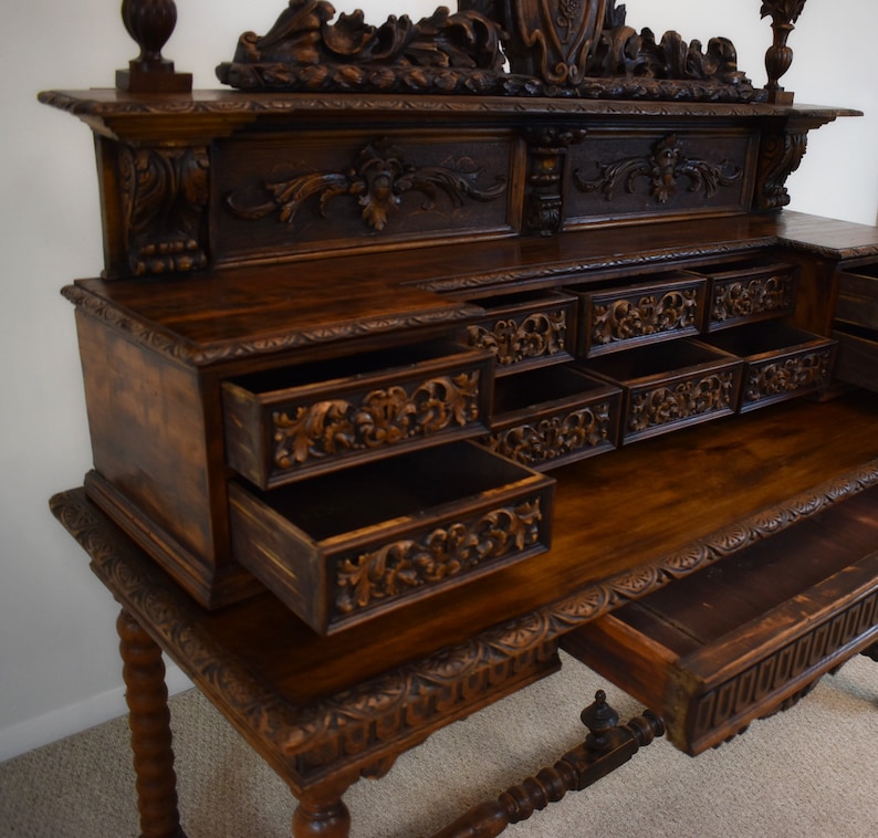 Antique French Oak Writing Desk Late 19th Century Hand Carved - Etsy