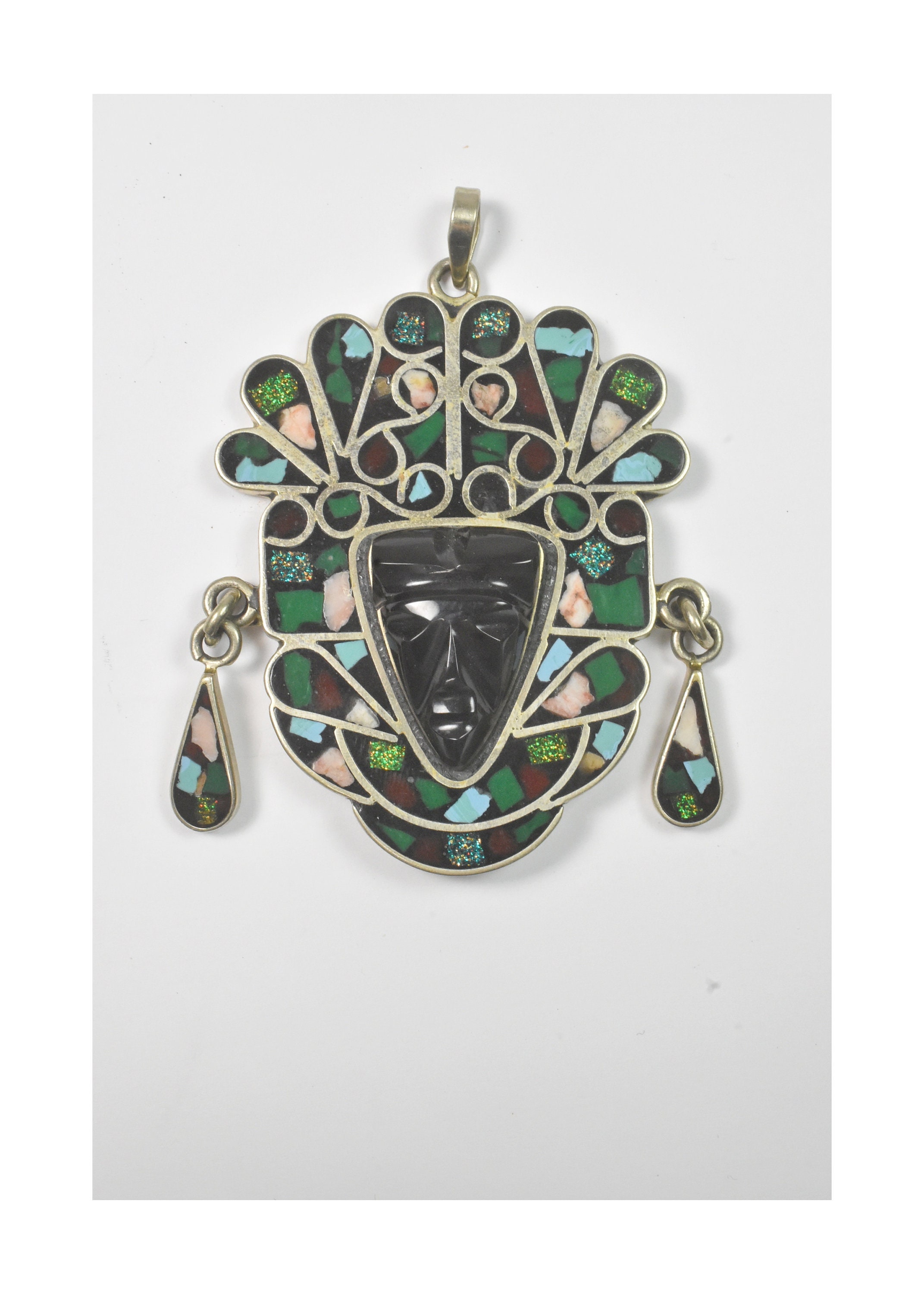 Vintage Mexico Sterling Mayan Aztec God Pendant Obsidian Face - Etsy