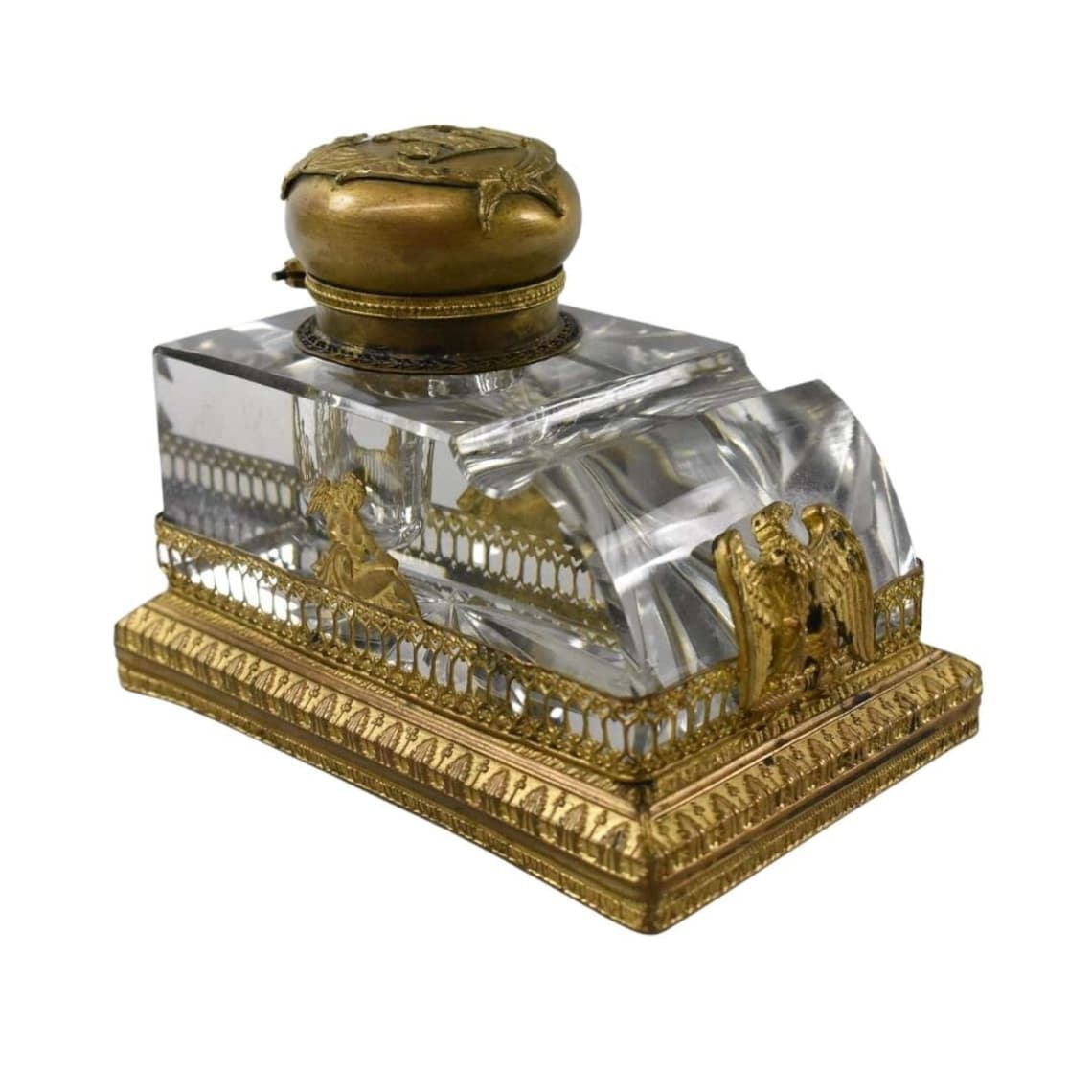 Antique Inkwell Gold Gilded French Cut Glass Inkwell Hera With Peacock ...