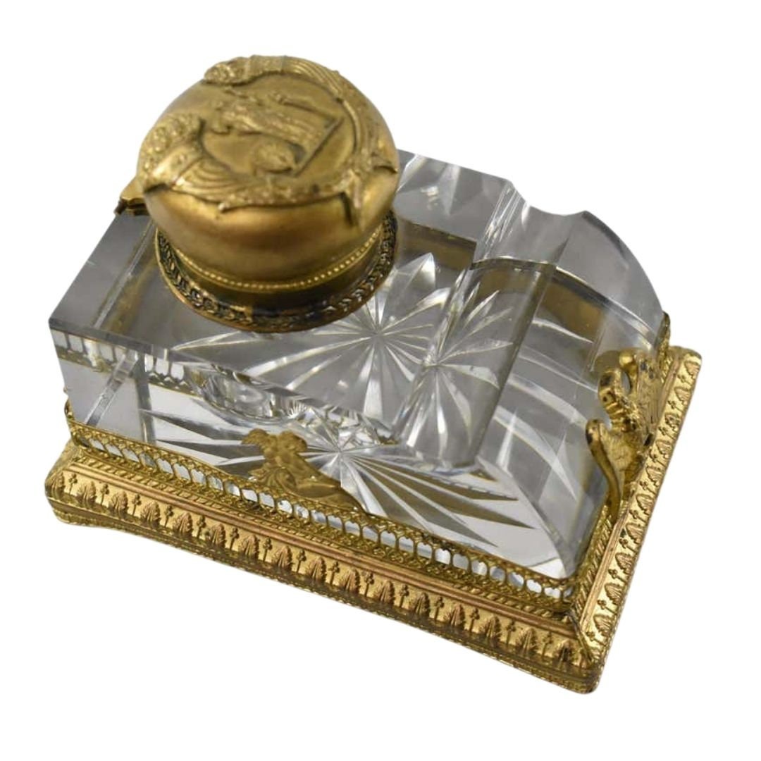 Antique Inkwell Gold Gilded French Cut Glass Inkwell Hera With Peacock ...
