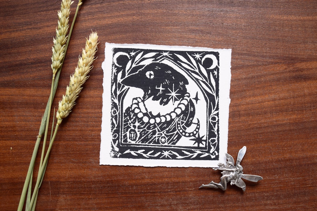 Magpie Treasure // Mini Lino Art Print - Etsy