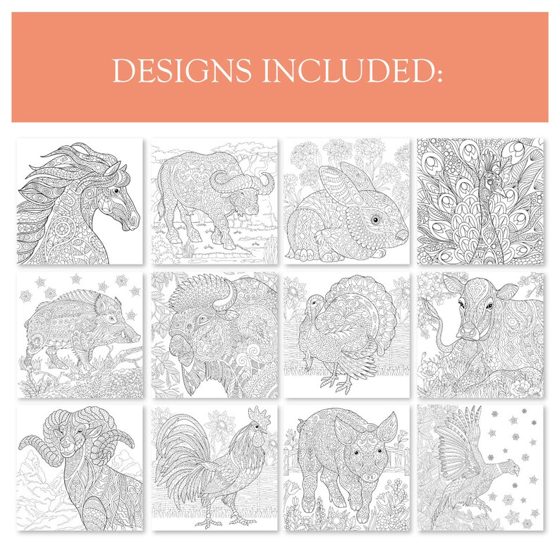 Farm Animals Coloring Pages. Coloring Book for Adults and Kids. Mandala ...