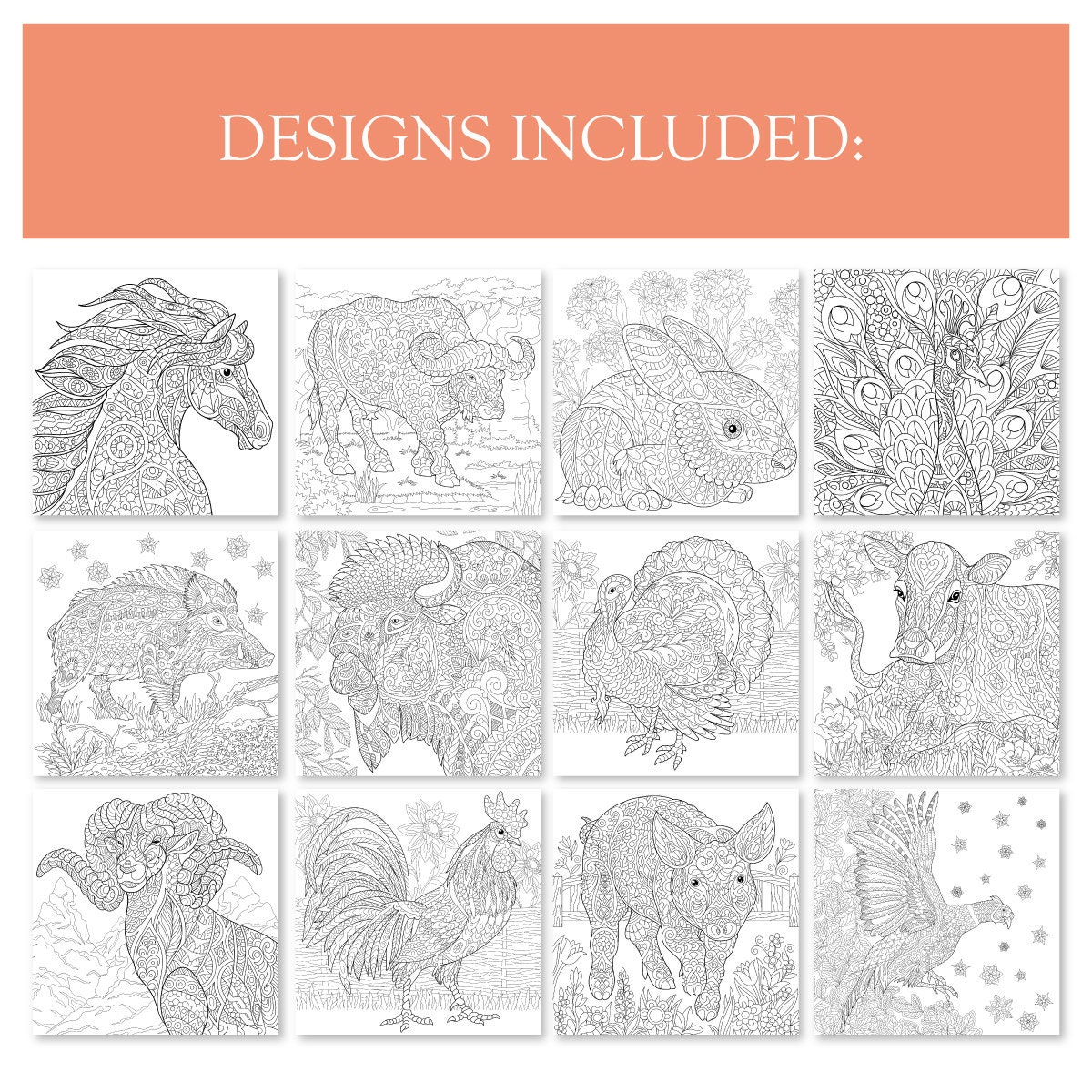 Farm Animals Coloring Pages. Coloring Book for Adults and Kids. Mandala ...